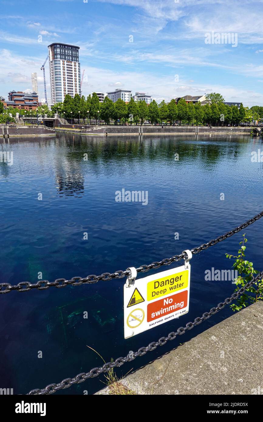 Danger deep water warning sign, the old docks at Salford, Manchester ...