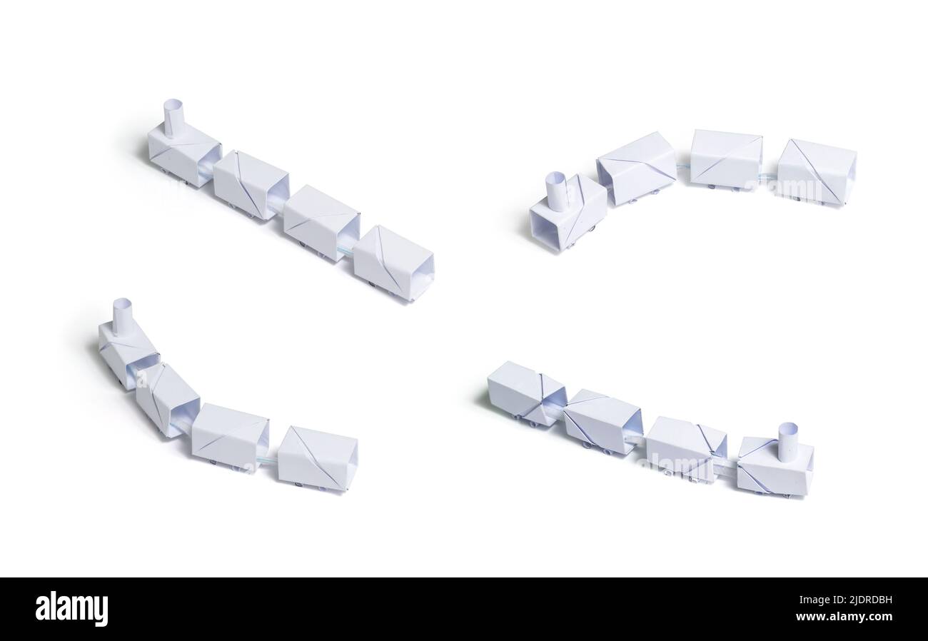 Origami paper train in four positions, each one is shot separately ...
