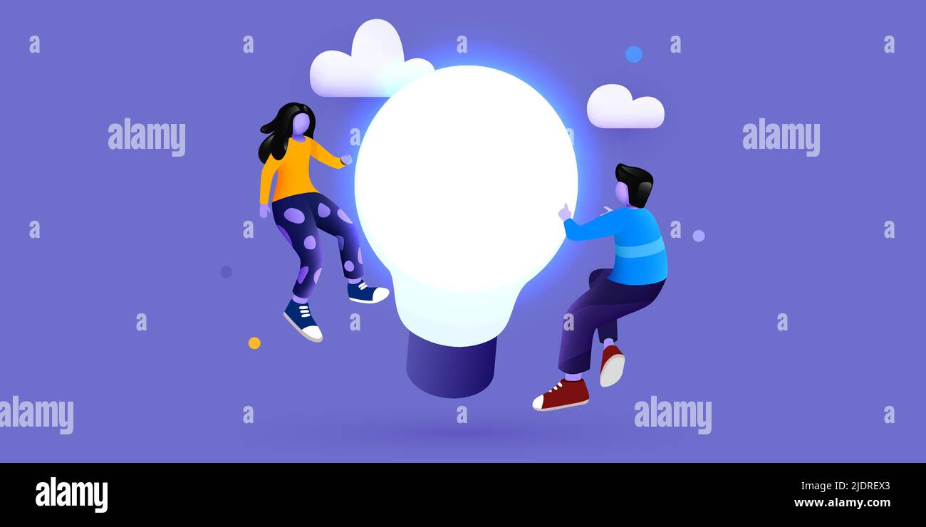 People fly around lightbulb idea. Innovation, Brainstorming and ...