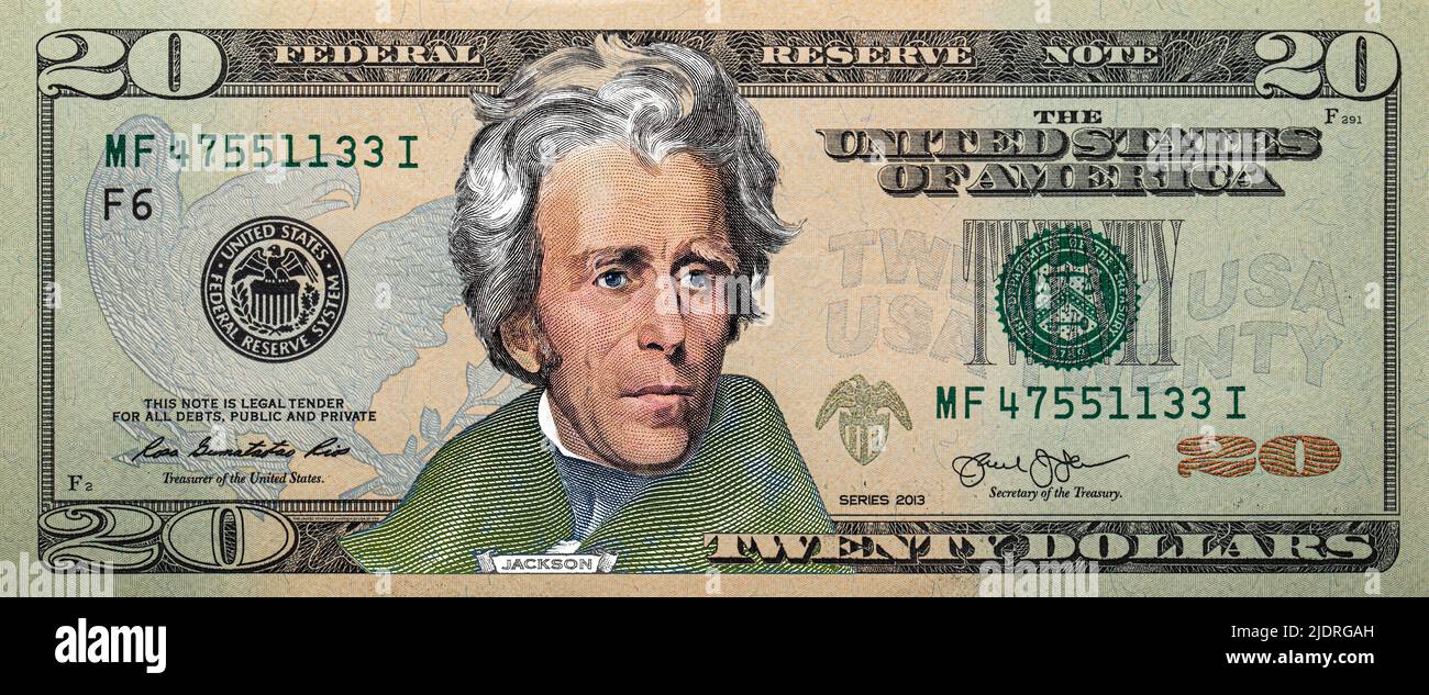 Closeup of front side of colorized 20 dollar banknote for design ...