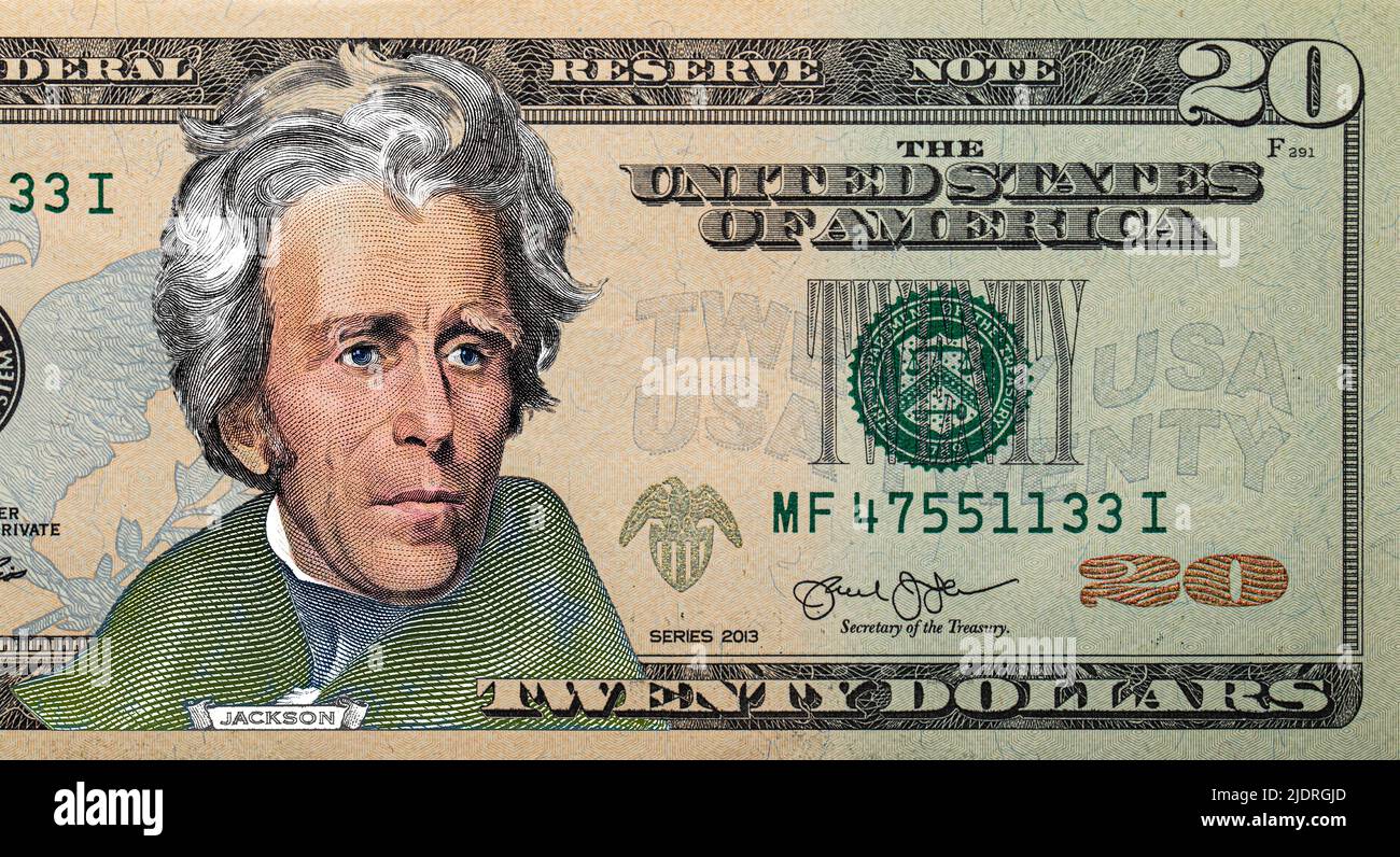 Closeup of front side of colorized 20 dollar banknote for design ...