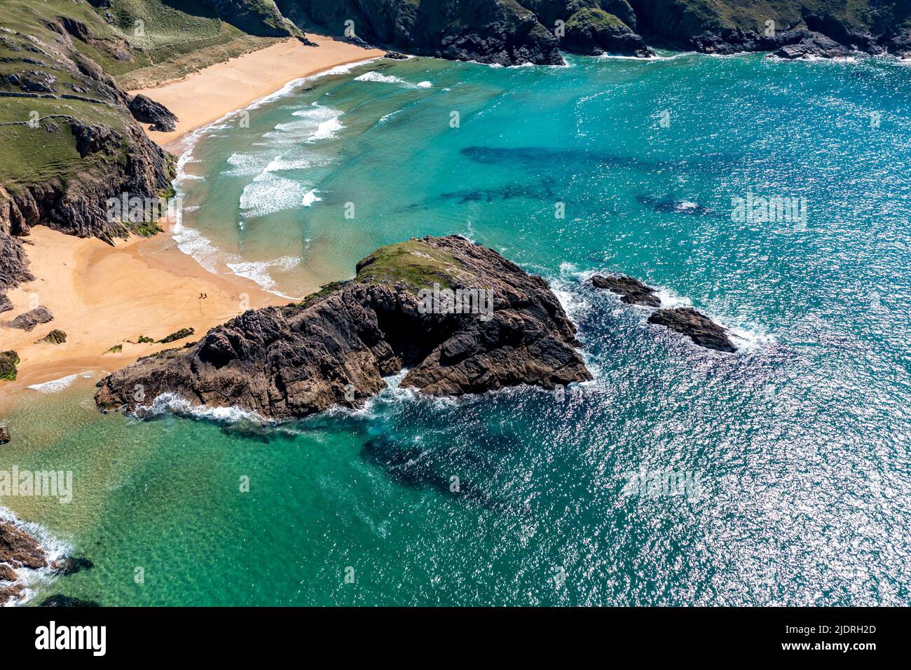 Aerial view of the Murder Hole beach, officially called Boyeghether Bay in County Donegal ...