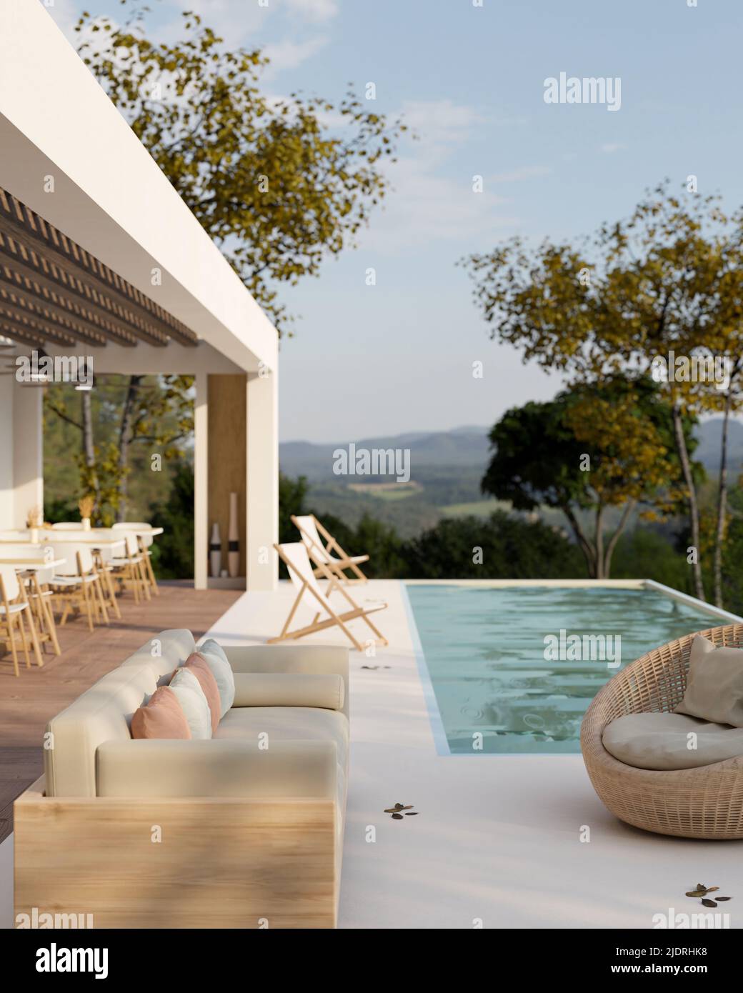 Modern luxury hotel pool lounge terrace exterior design with comfy sofa ...