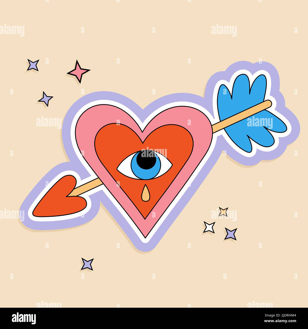 70s style retro poster. Psychedelic drawing of heart with arrow. Retro ...