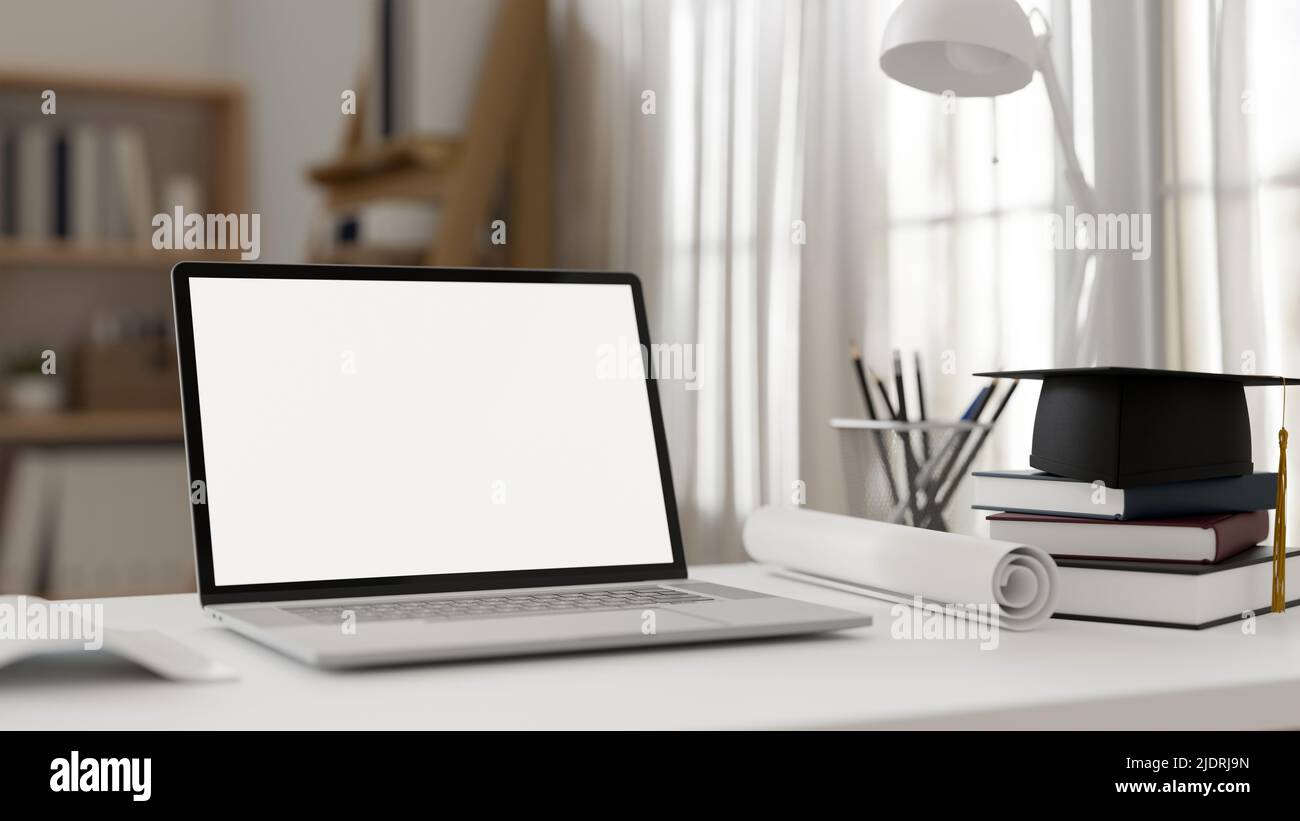 Modern student desk workspace with portable laptop computer white ...