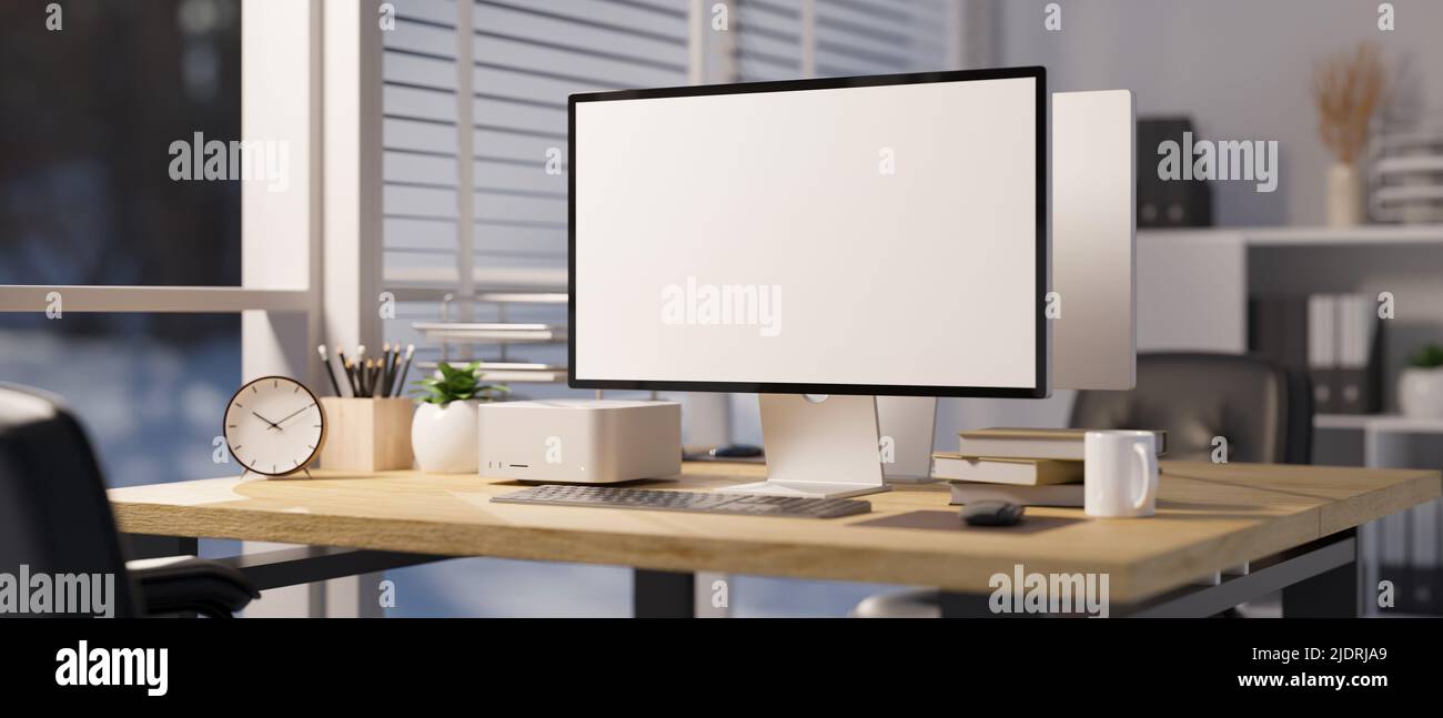 Modern office room interior design with a pc desktop computer white ...