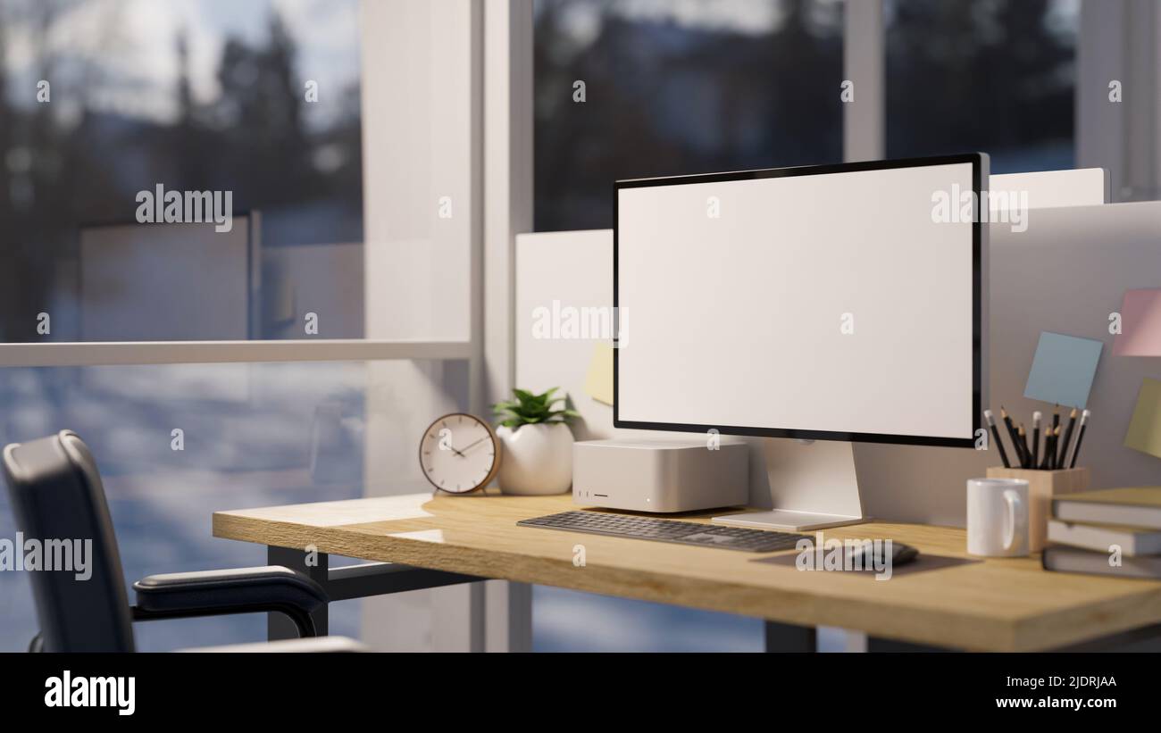 Close-up, Office desk workstation near the window with computer blank ...