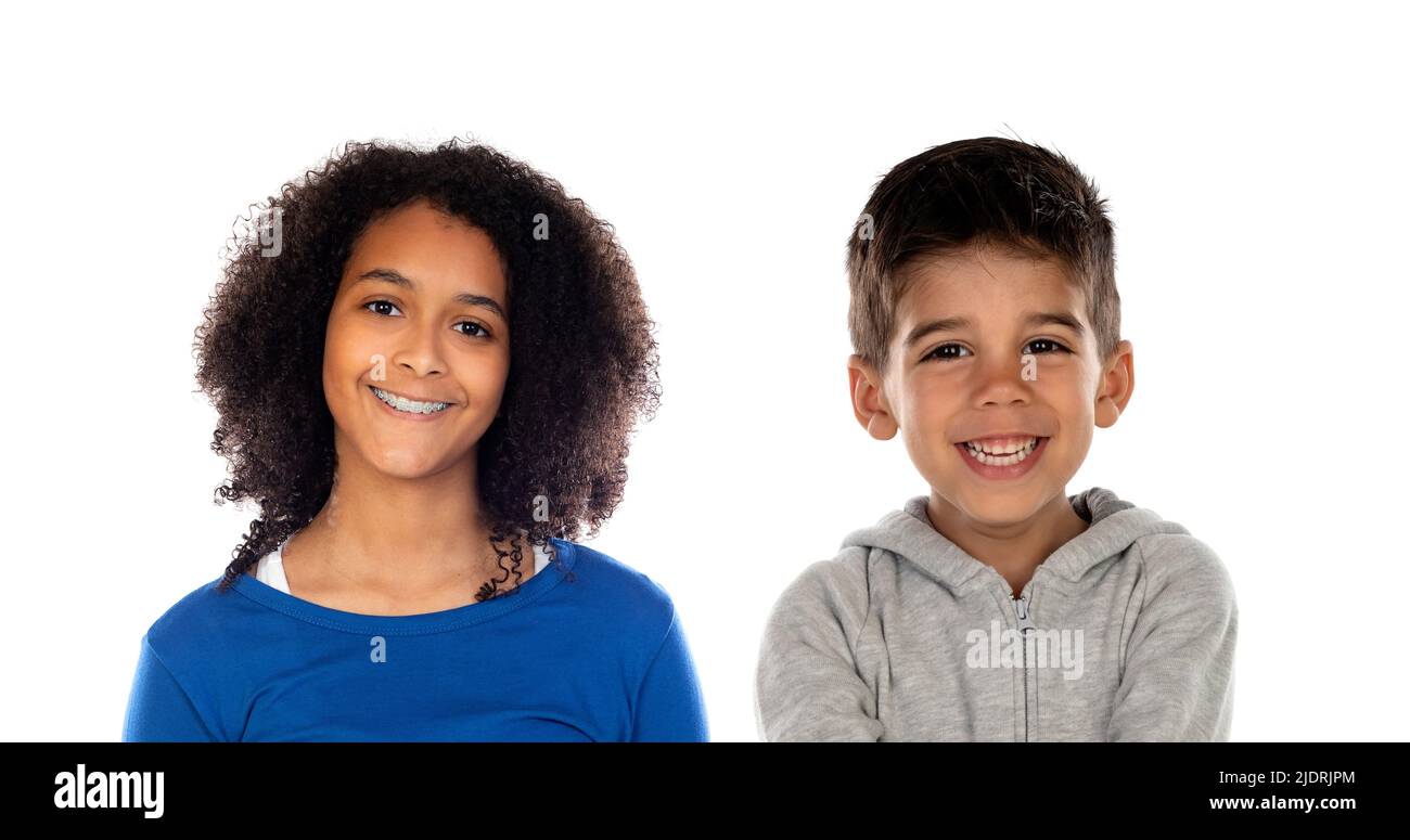 Two happy siblings isolated on a white background Stock Photo - Alamy