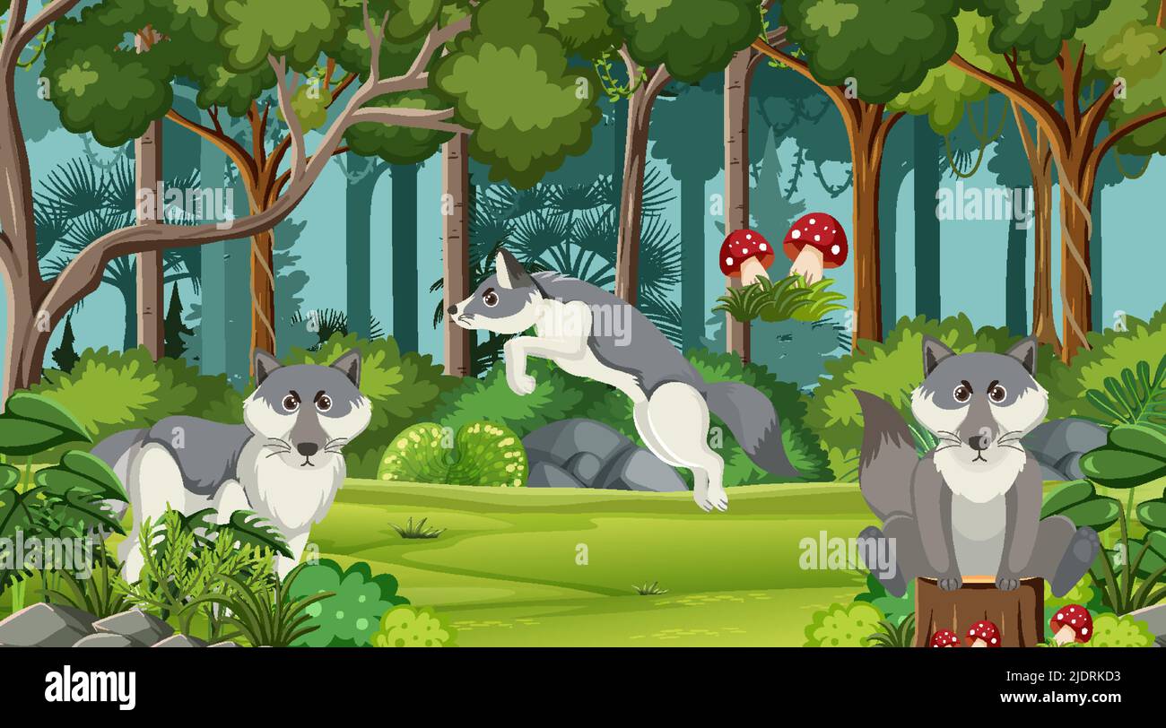 Wolfs group in the forest scene illustration Stock Vector Image & Art ...