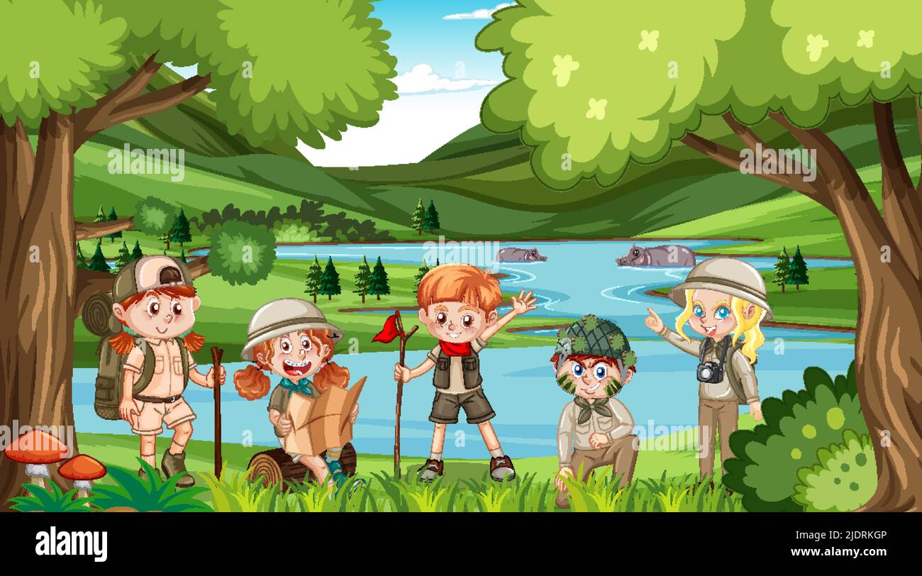 Children hiking in the forest illustration Stock Vector Image & Art - Alamy