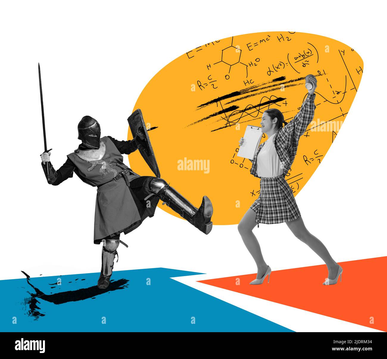 Contemporary artwork. Battle between modern office workers and medieval ...