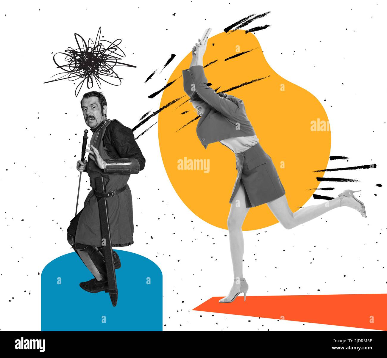 Confrontation between past and future. Business clerk and medieval ...