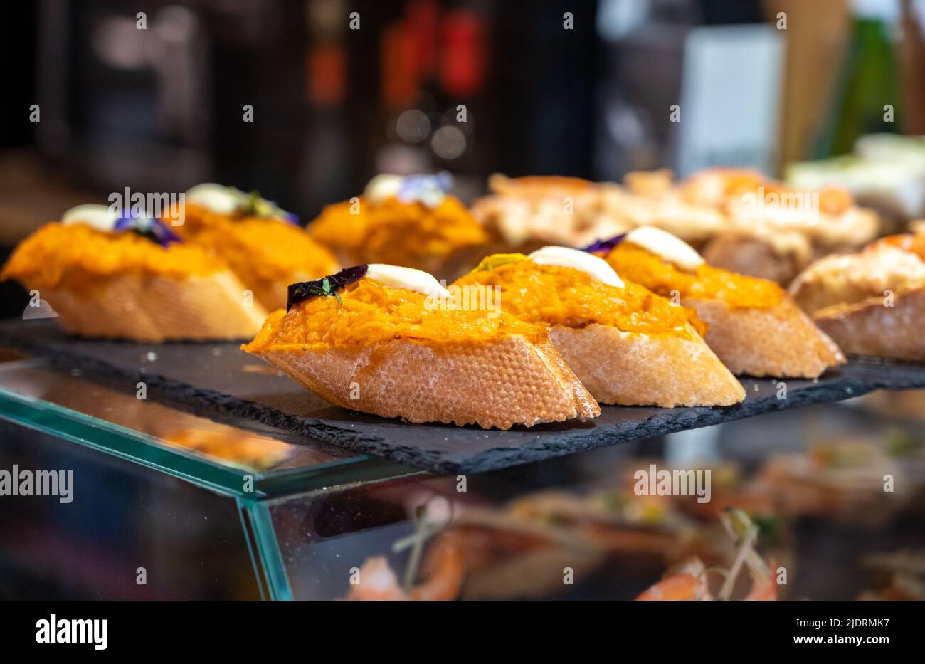 Typical snack of Basque Country and Navarre, pinchos or pinxtos, ready ...
