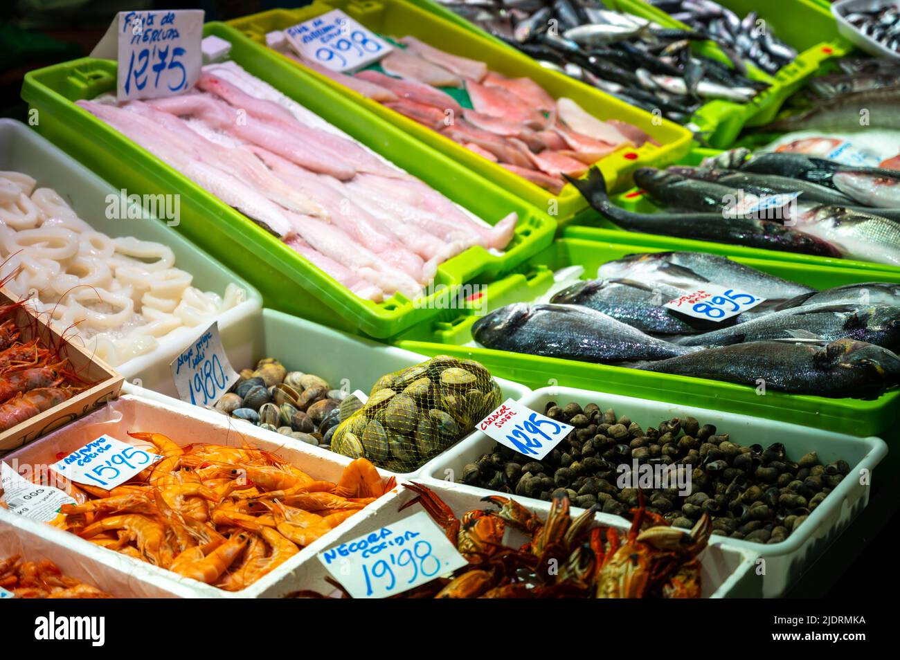 Assortment of fresh daily catch of fishes, seashells, molluscs on ice ...