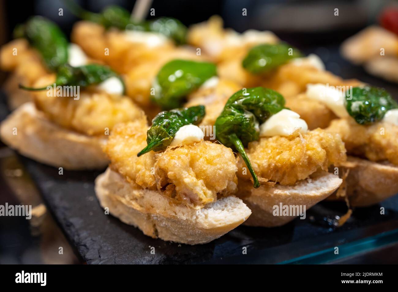 Typical snack of Basque Country and Navarre, pinchos or pinxtos, ready ...