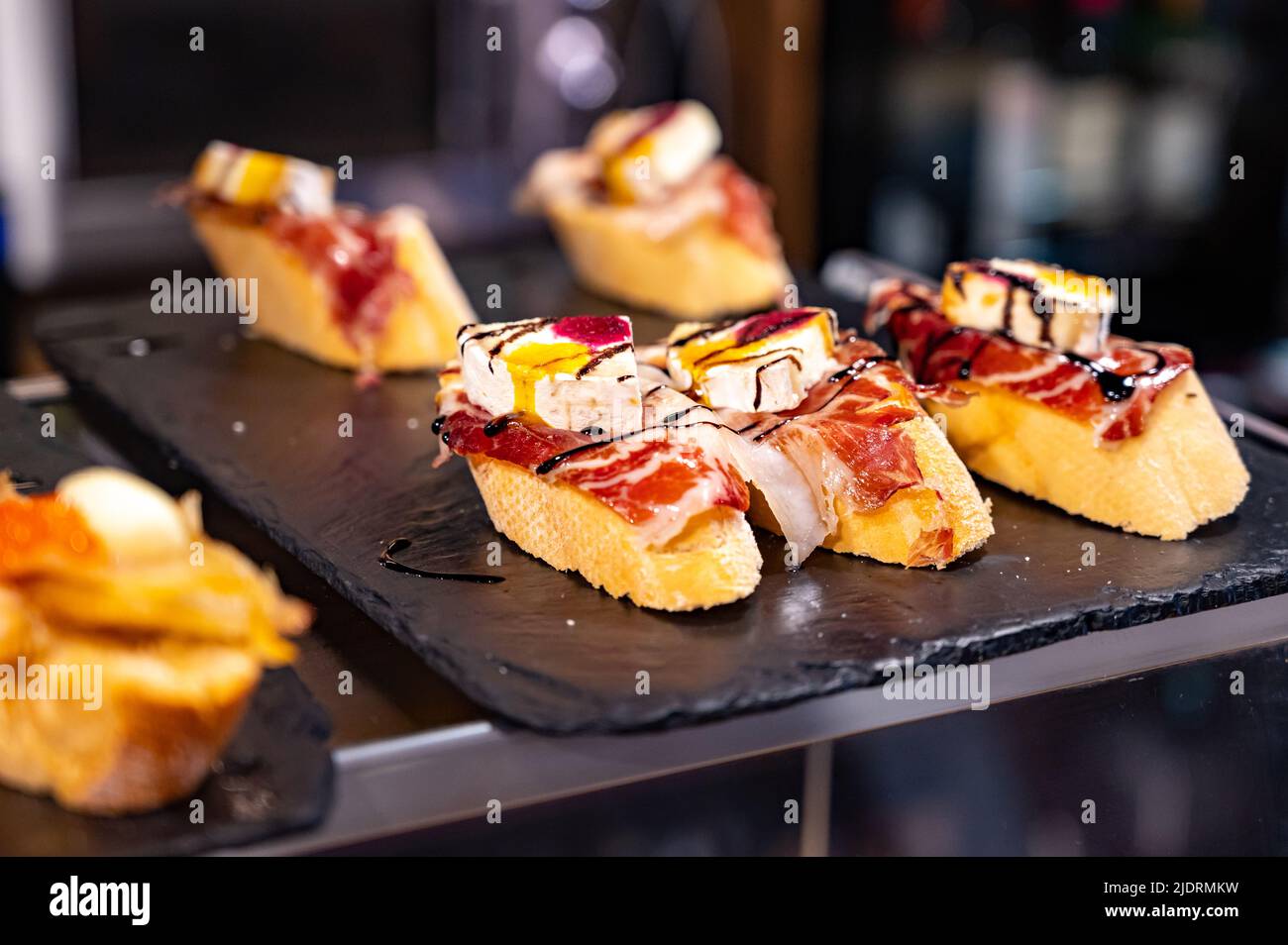 Typical snack of Basque Country and Navarre, pinchos or pinxtos, ready ...