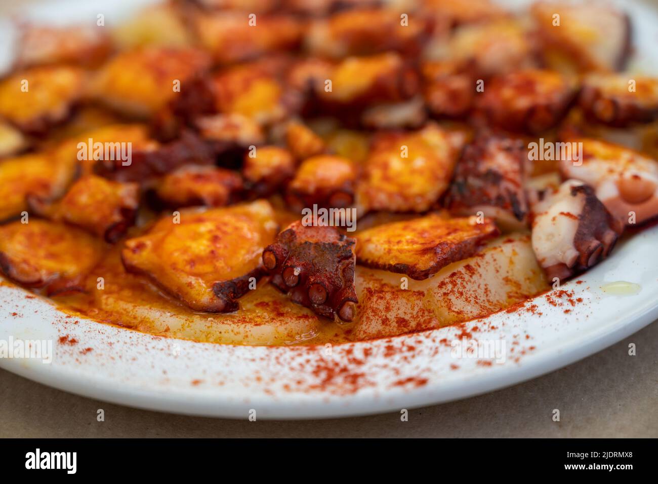 Tasty seafood, grilled octopus galician style with red pimento paprika ...