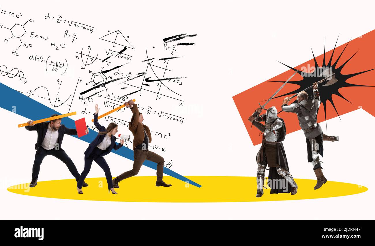 In action, motion. Comic composition with office worker and medieval ...