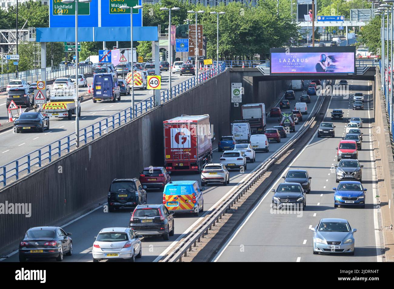 Birmingham, England, June 23rd 2022. Heavy traffic on Birmingham's A38M ...