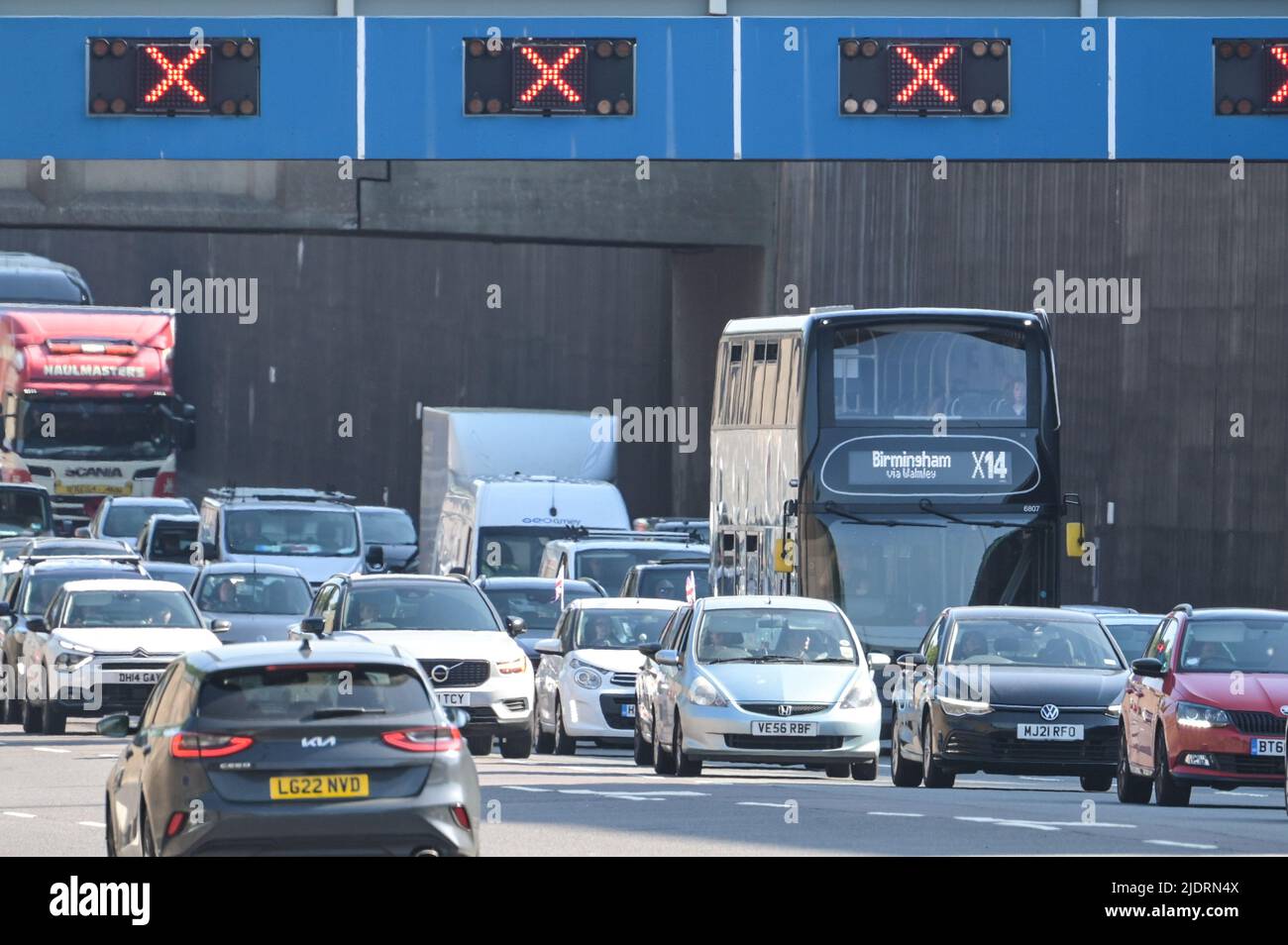 Birmingham, England, June 23rd 2022. Heavy traffic on Birmingham's A38M ...
