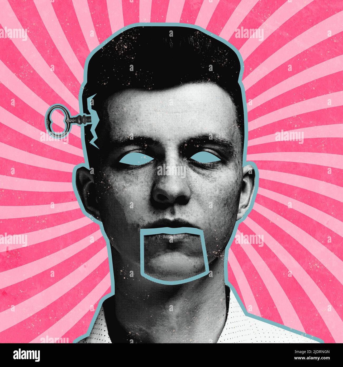 Young man in image of zombie with little drawn key in his head isolated ...