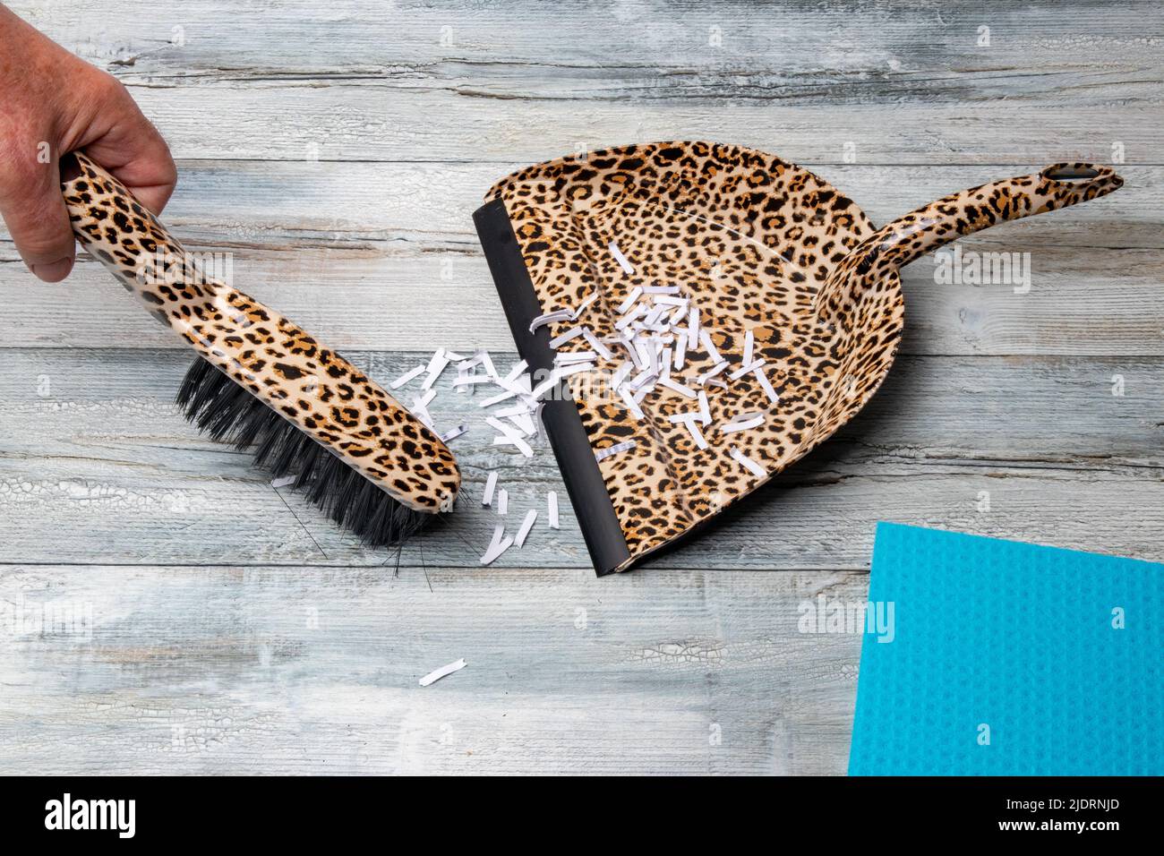 Household cleanliness and hygiene. One hand uses a hand brush to sweep ...