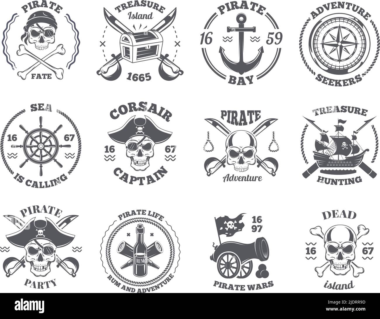 Pirate labels. Marine badges with pirate vintage weapons and elements ...