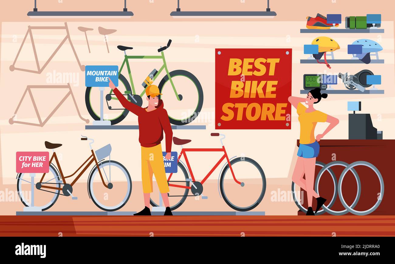 Bike store. Sport people customers in extreme market for adventure ...
