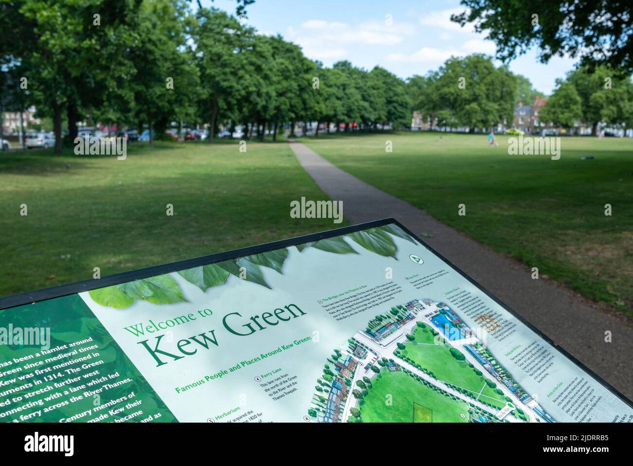 London- May 2022: Kew Green, a public park in upmarket residential area ...