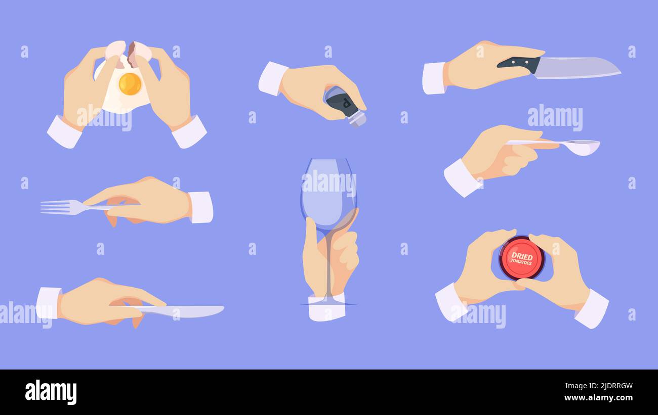 Hands with cutlery. Cooking items collection people holding kitchenware ...