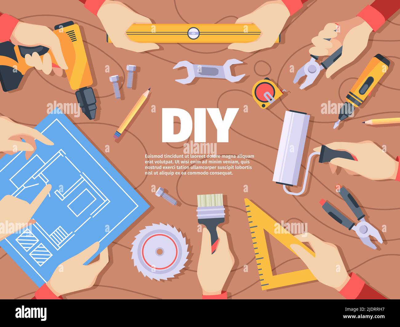 Construction banners. Hands holding repair tools people using working ...