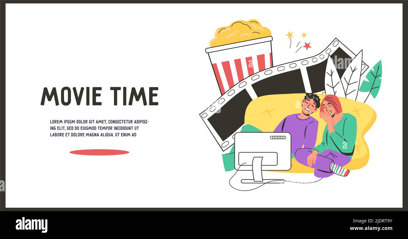 Movie Time web banner or poster template with people watching tv, flat ...