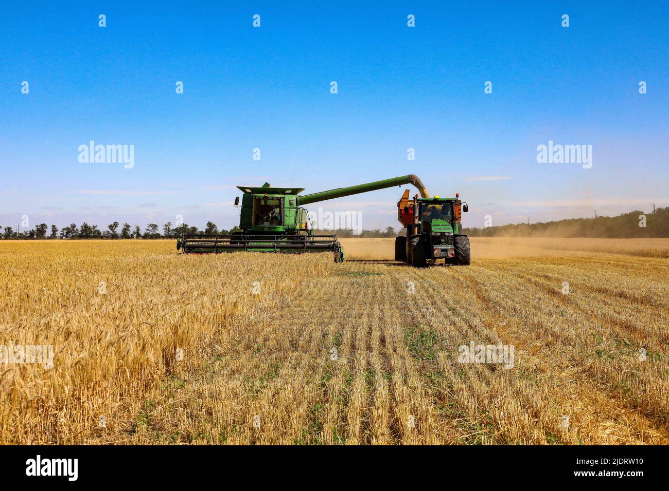 A combine harvester collects grain crops in a field in Odesa Region ...