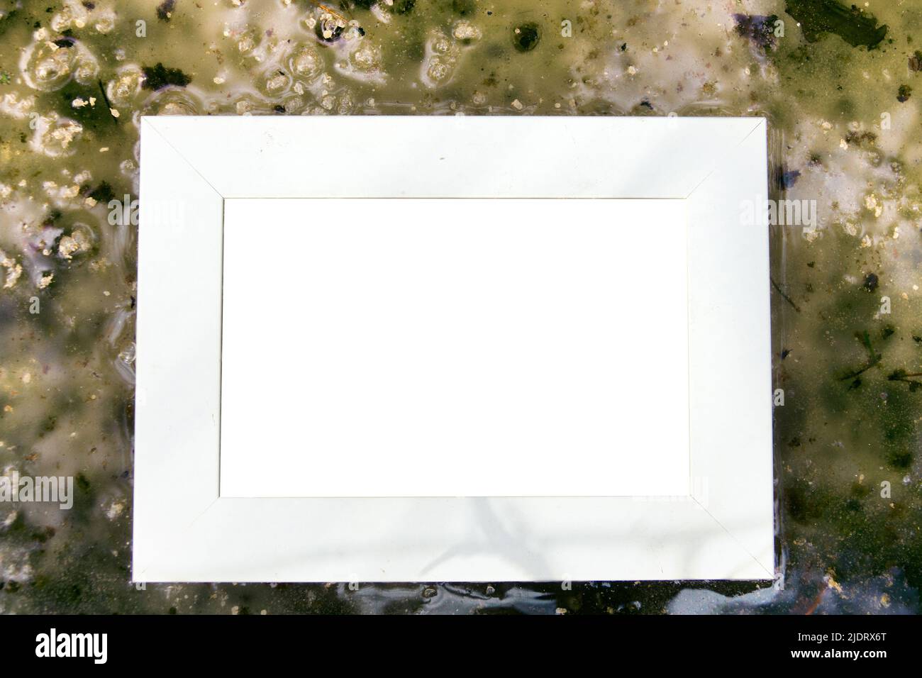 Abstract water-snow-ice element background with a white caption frame ...