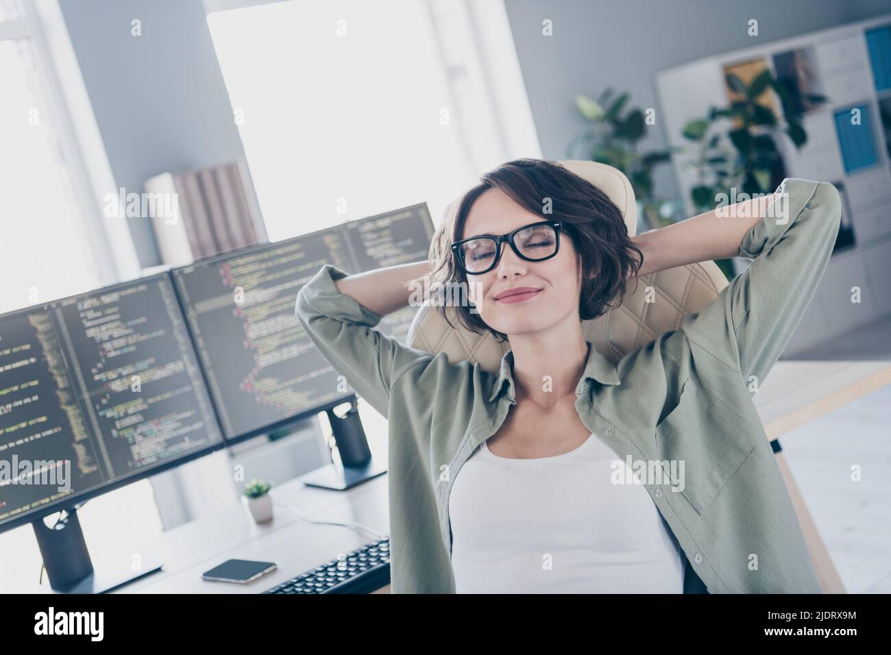 Photo of young peaceful it system administrator have break relaxing ...