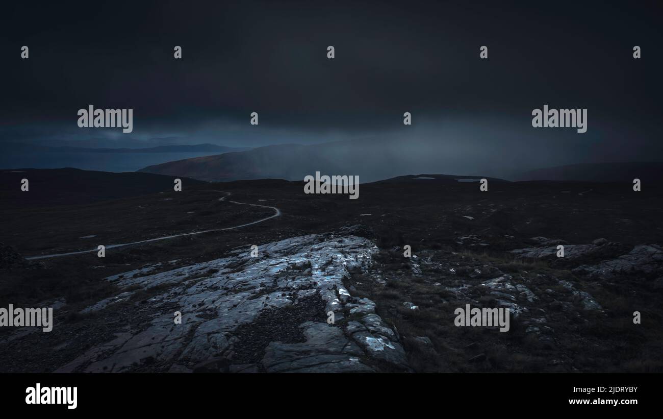 Bad weather on Applecross pass in Scotland.Dark and moody landscape ...