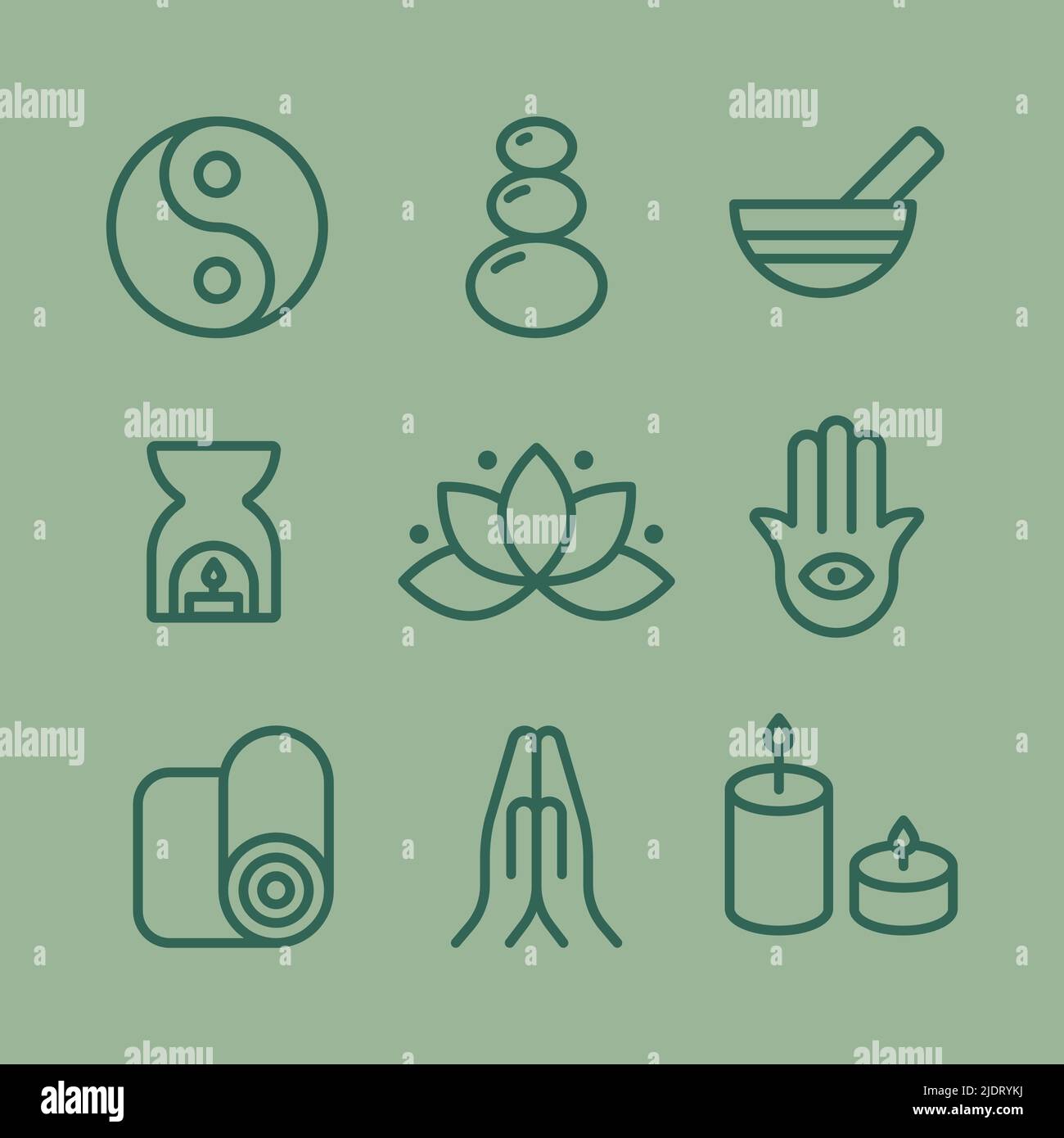 Meditation icon set. Green outline symbols. Concept of zen, calm, yoga ...