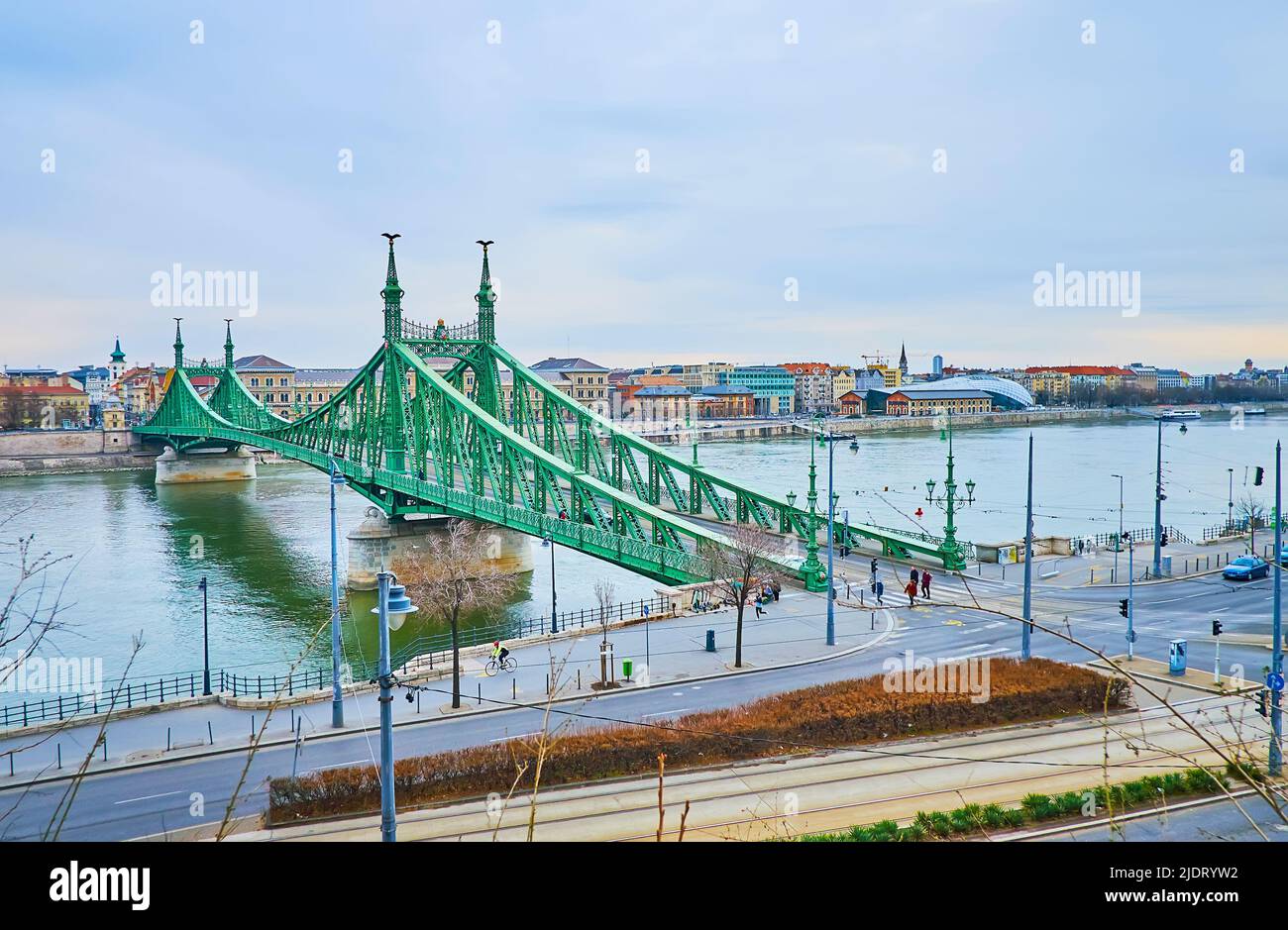 The scenic historic Liberty Bridge across Danube River from the slope ...