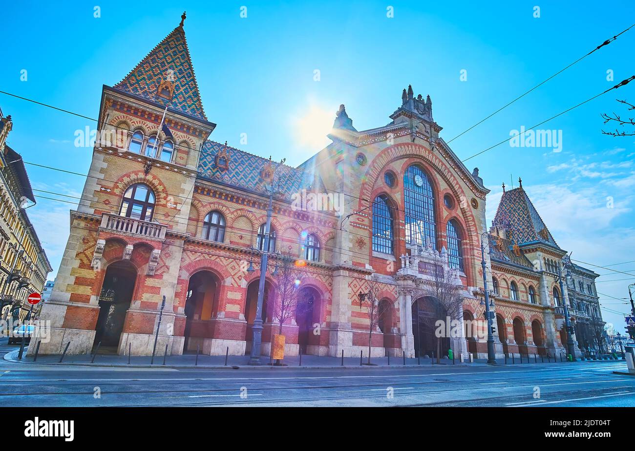 The ornate facade of Central Market Hall with tile and brick patterns ...