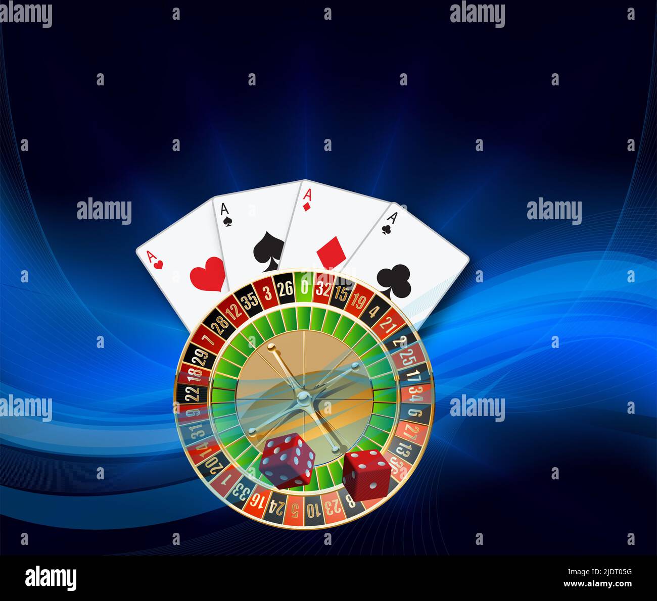 Casino game. Roulette wheel with ace cards and red dices Stock Photo ...