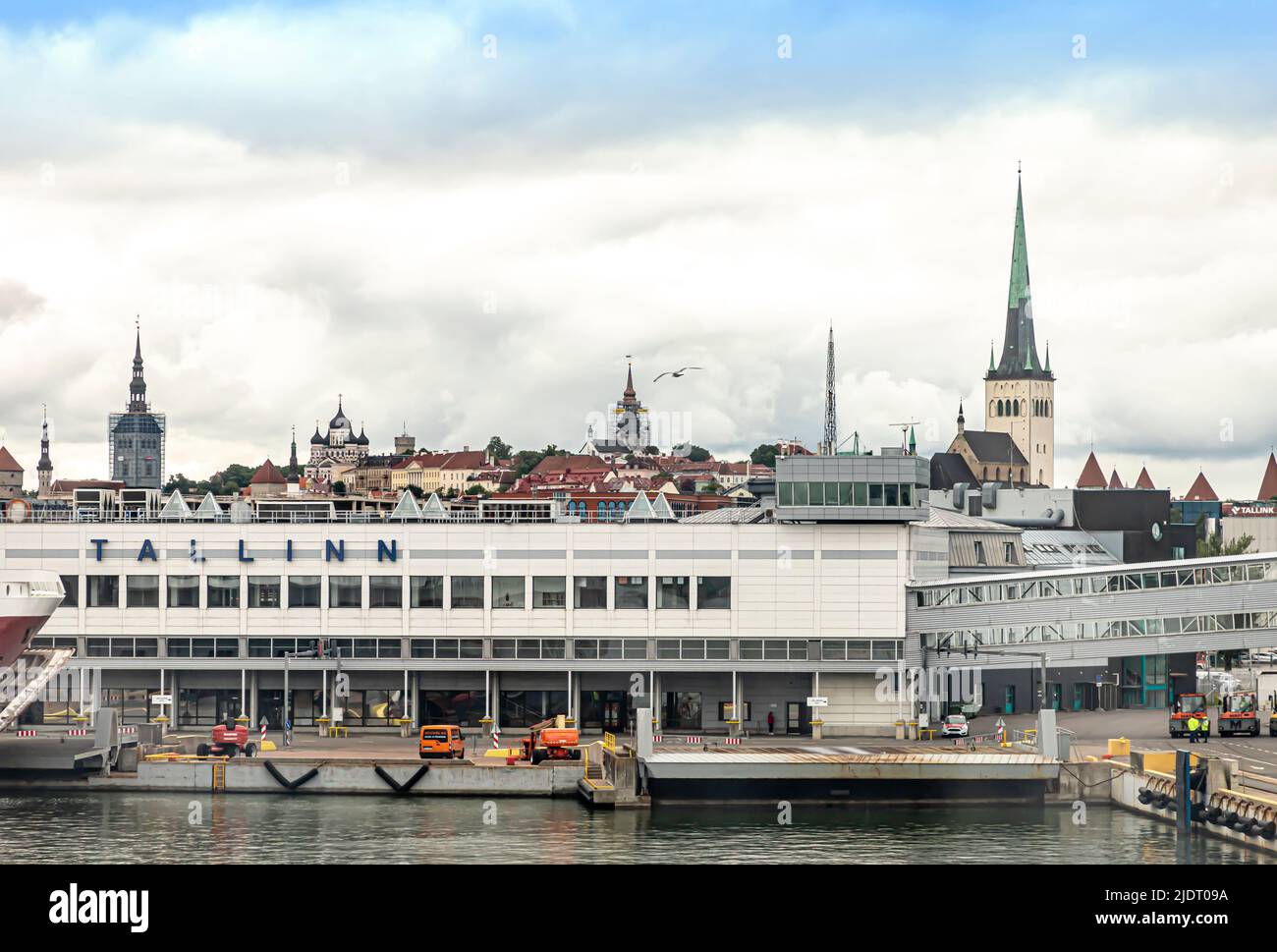 The Tallinn Passenger Port terminal viewed from a ship. The Old Town of ...