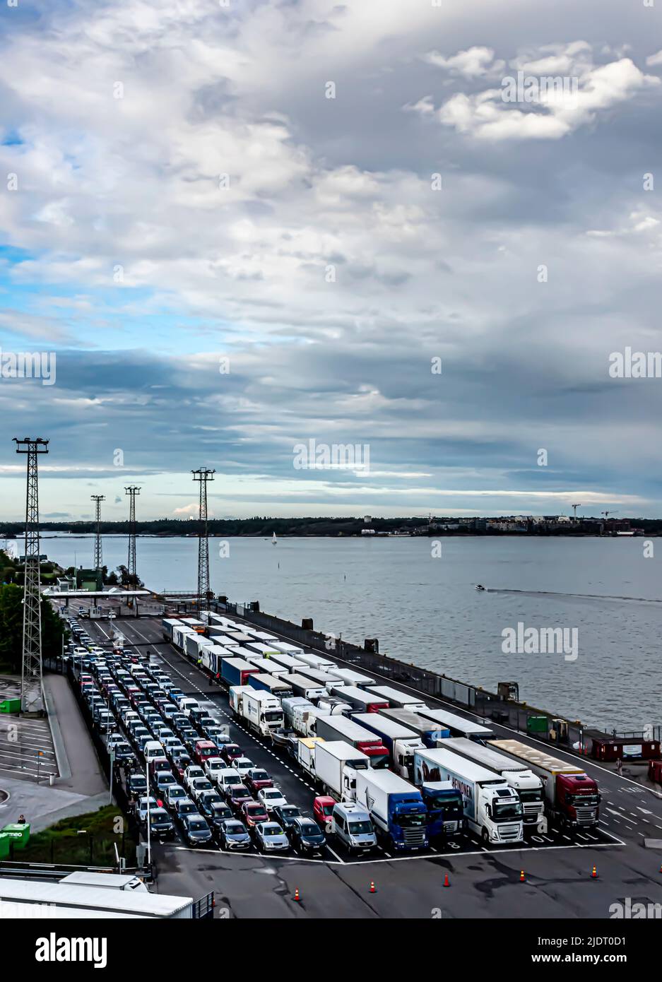 Cars and lorries queuing to board a cruiseferry at the Katajanokka ...
