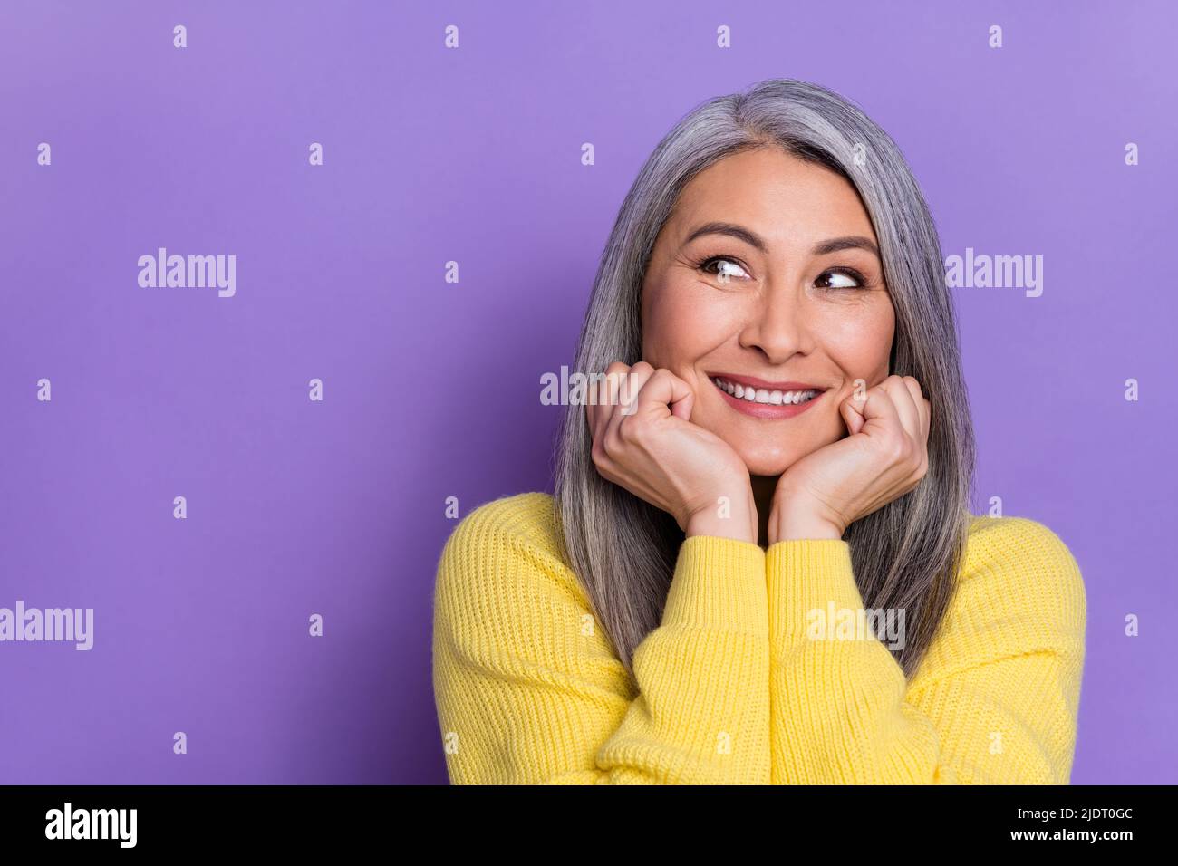 Portrait of pretty adorable mature woman grandma look blank space ...
