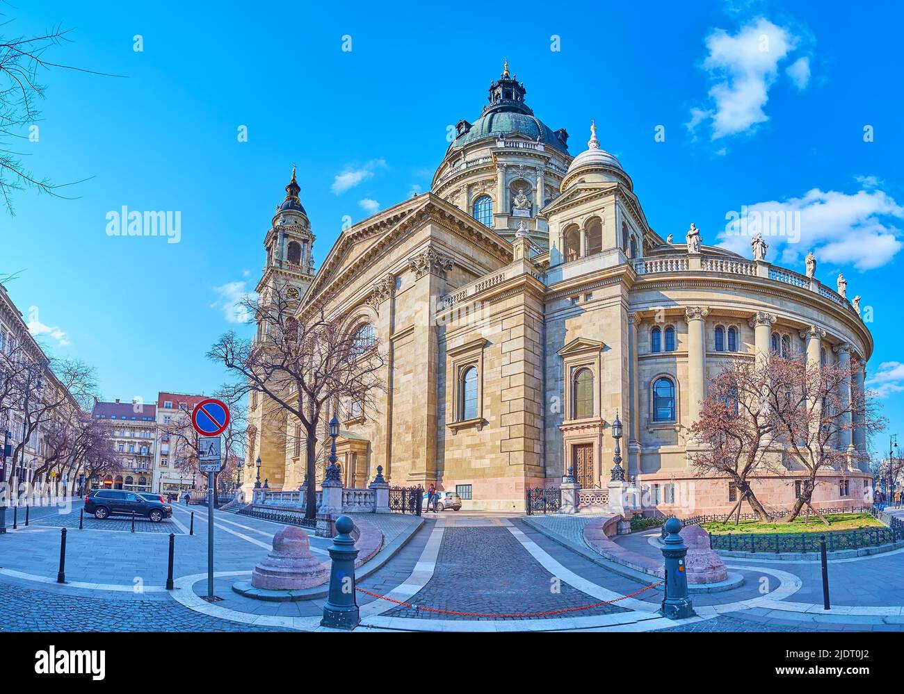Panorama of St Stephen's Basilica with clocktower, dome, sculptures and ...