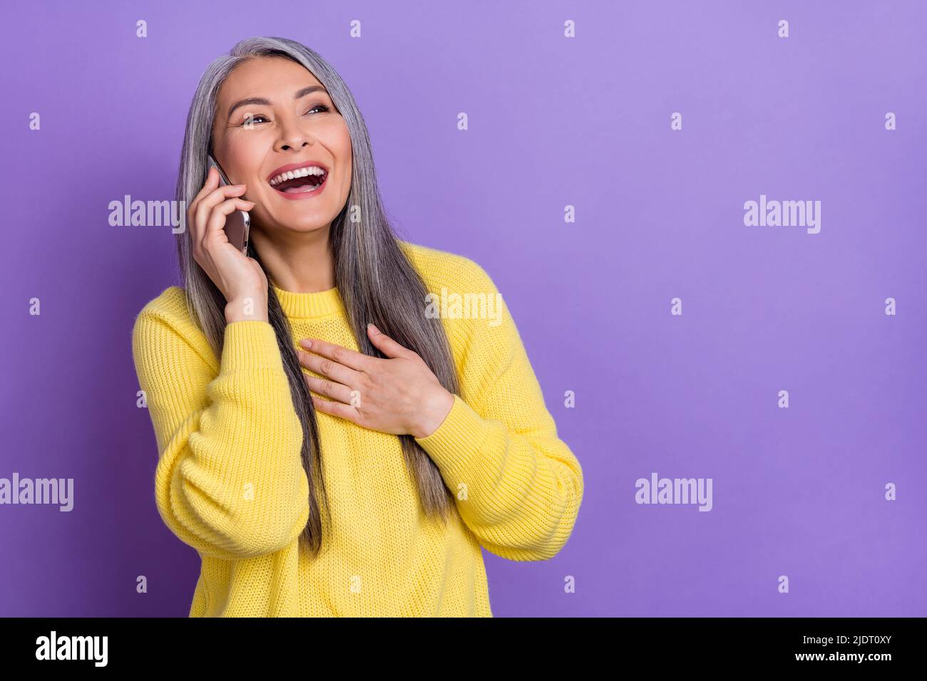 Photo of funky charming retired woman wear sweater talking modern ...