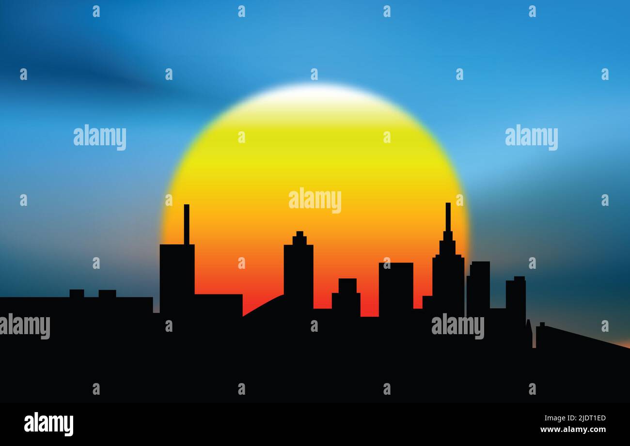 Town in the light of sunset. Illustration card Stock Photo - Alamy
