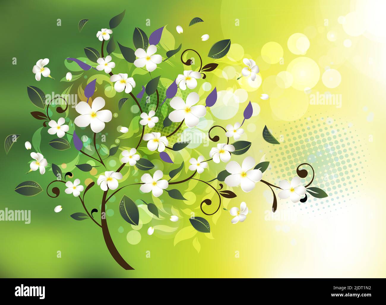 Artistic nature background. Artistic tree and flowers with sun ...