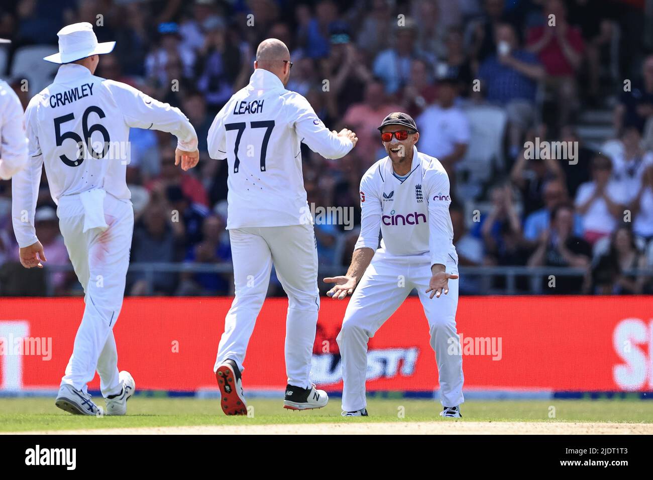 Leeds, UK. 23rd June, 2022. Jack Leach of England celebrates the wicket ...