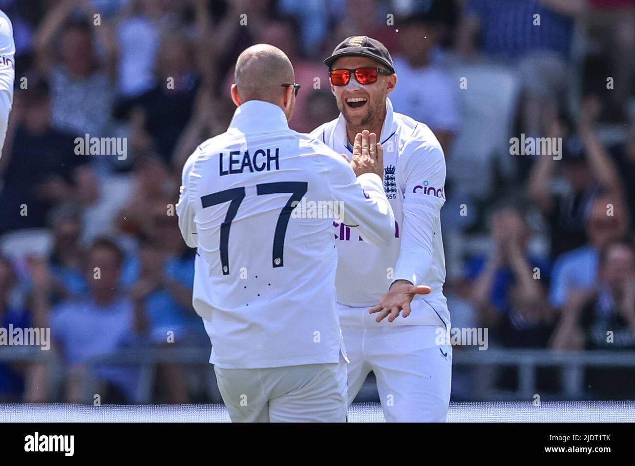 Leeds, UK. 23rd June, 2022. Jack Leach of England celebrates the wicket ...