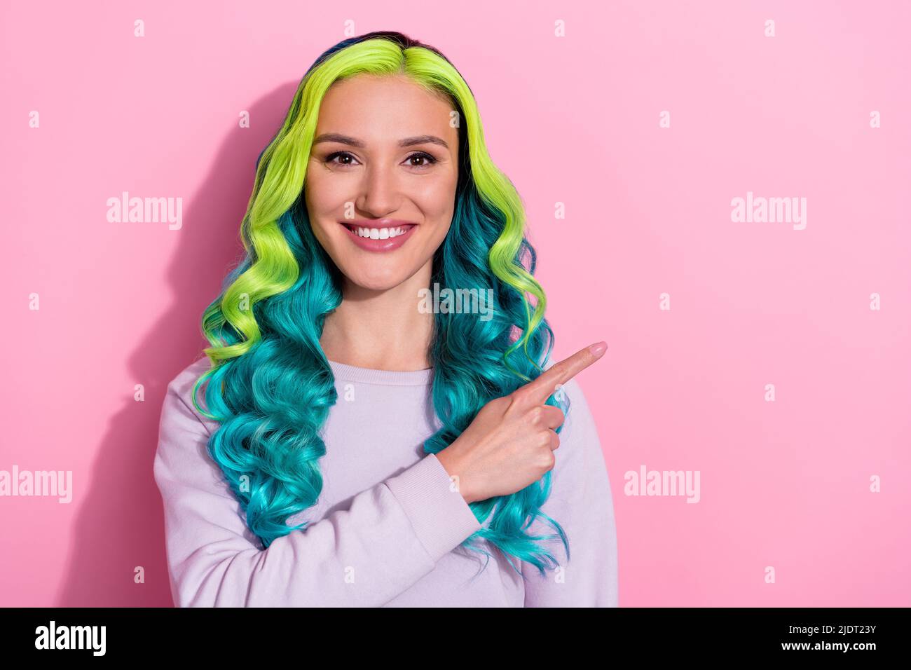 Portrait of lovely cute female with vibrant hair promote suggest ...